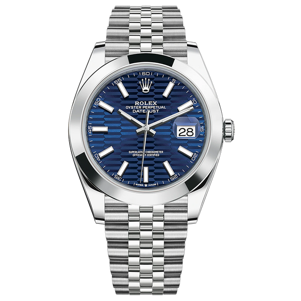 Rolex Datejust 41mm Bright Blue Fluted Dial Smooth Bezel 126300 - E...